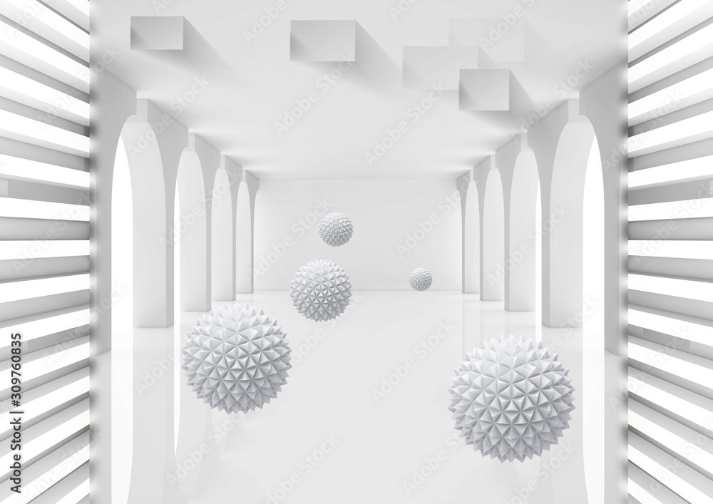 3d mural Illustration of 3D crystal ball in empty room gray rendering ...