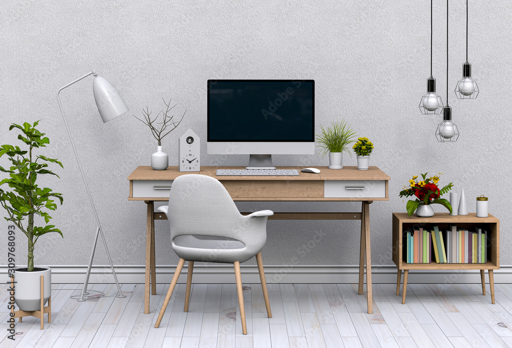 3D render of interior modern living room workspace with desk and ...
