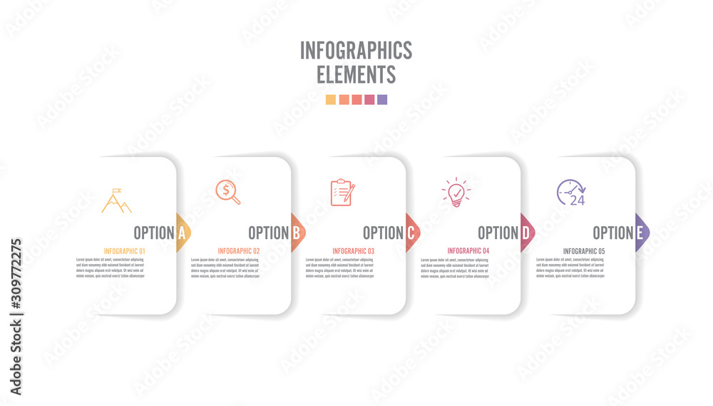 Five paper white overlapping arrows placed in horizontal row. Concept ...