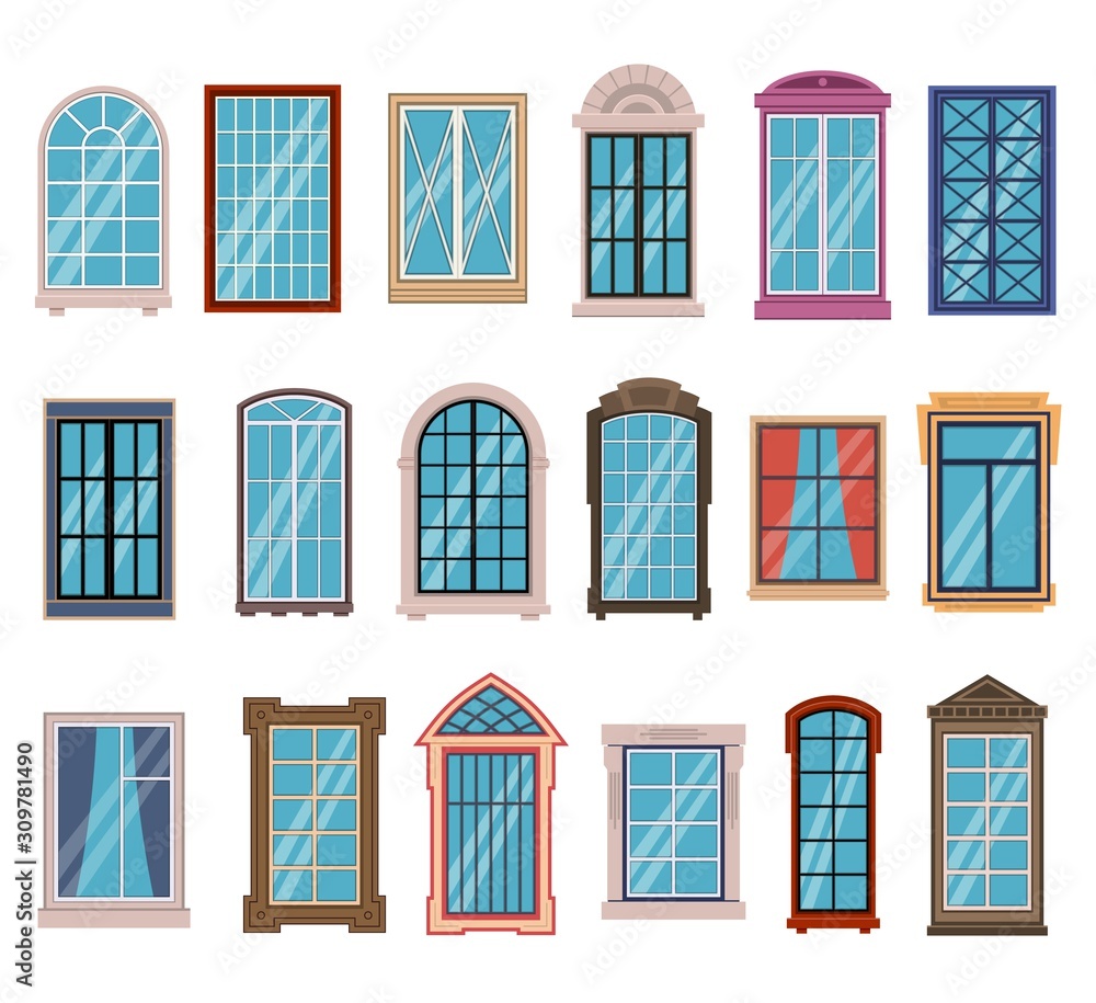Flat windows frames. Colorful various wooden and plastic window frames ...