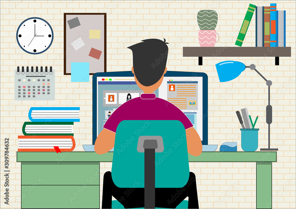 Flat design vector of man doing work at the laptop computer in office ...