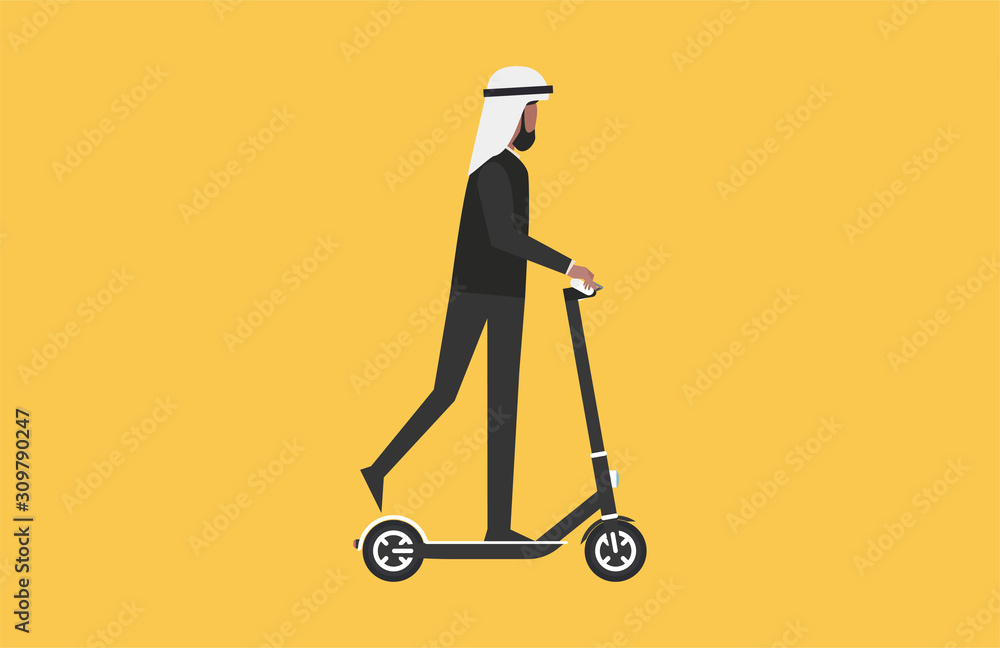 Cartoon picture with arabian man, boy riding fast modern electric ...