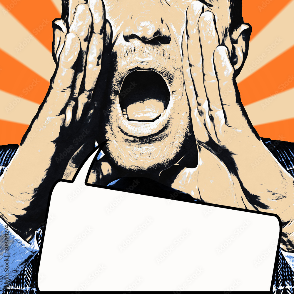 Retro pop art poster, man shouting with hands cupped to his mouth ...