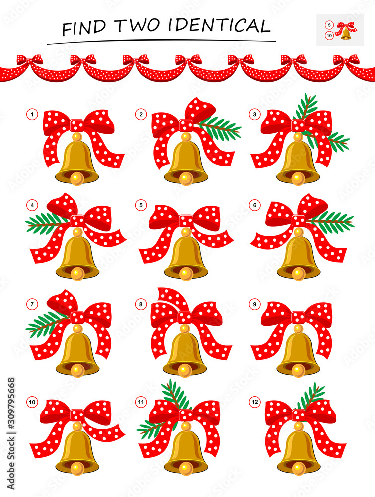 Naklejka Need to find two identical Christmas bells. Logic puzzle game ...