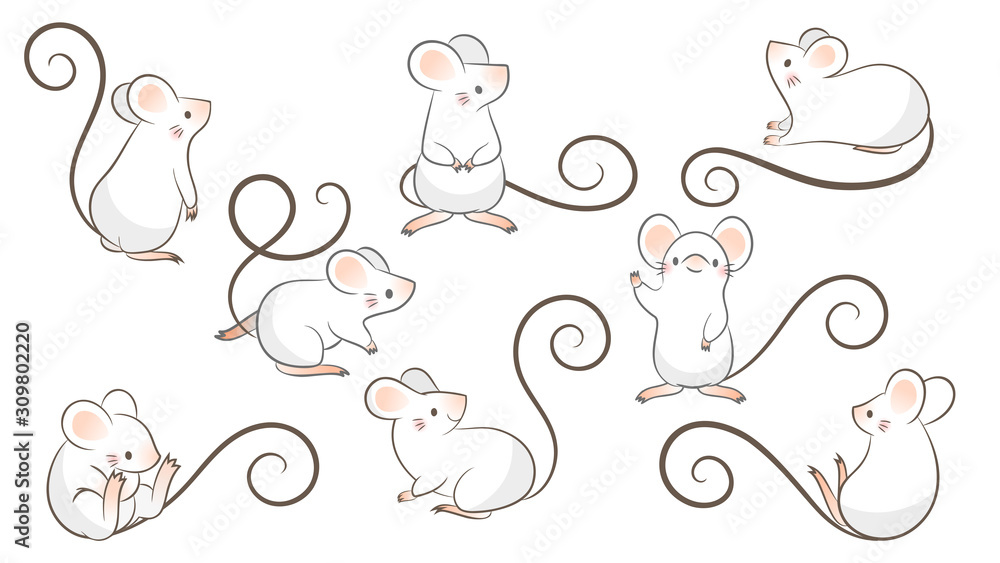 Set of hand drawn rats, mouse in different poses on white background ...