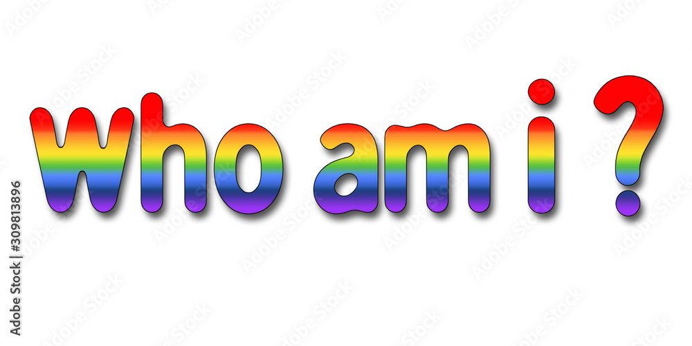 Who am i? Identity sign text in rainbow colors isolated on a white ...