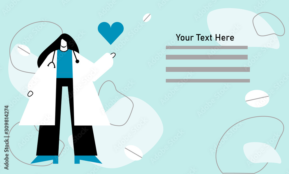 Vector illustration of a woman doctor giving love and care, medicine ...