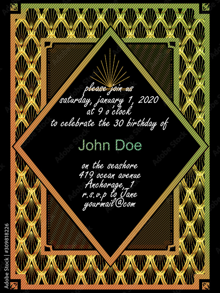 Art deco art banner. Fancy party event invitation, glamour golden retro ...