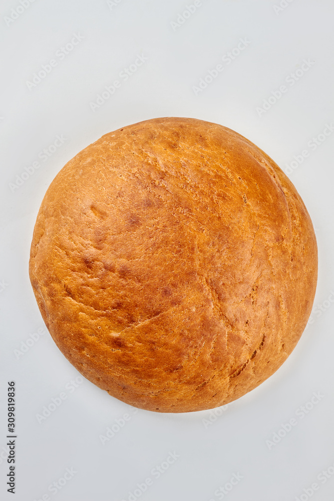 Round loaf of bread, top view. Fresh white bread isolated on white ...