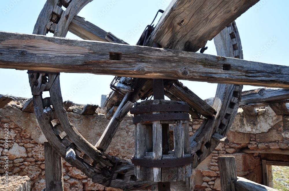 Details parts of antique wooden windmill millstone wooden circle gears ...