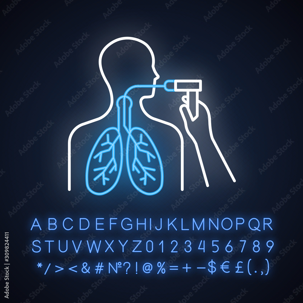 Bronchoscopy neon light icon. Airway check. Lung examination. Medical ...