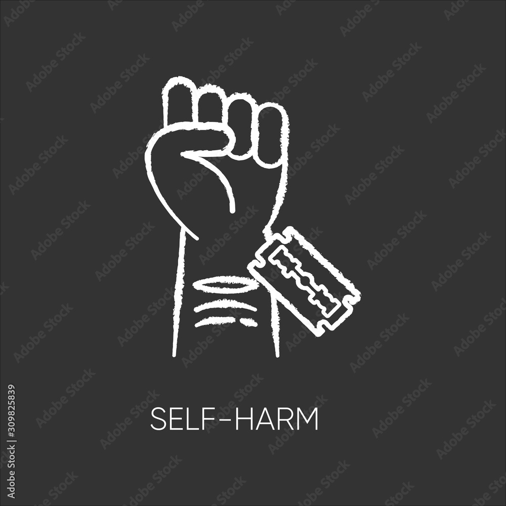 Self-harm chalk icon. Cut hand with razor blade. Open wound. Mental ...