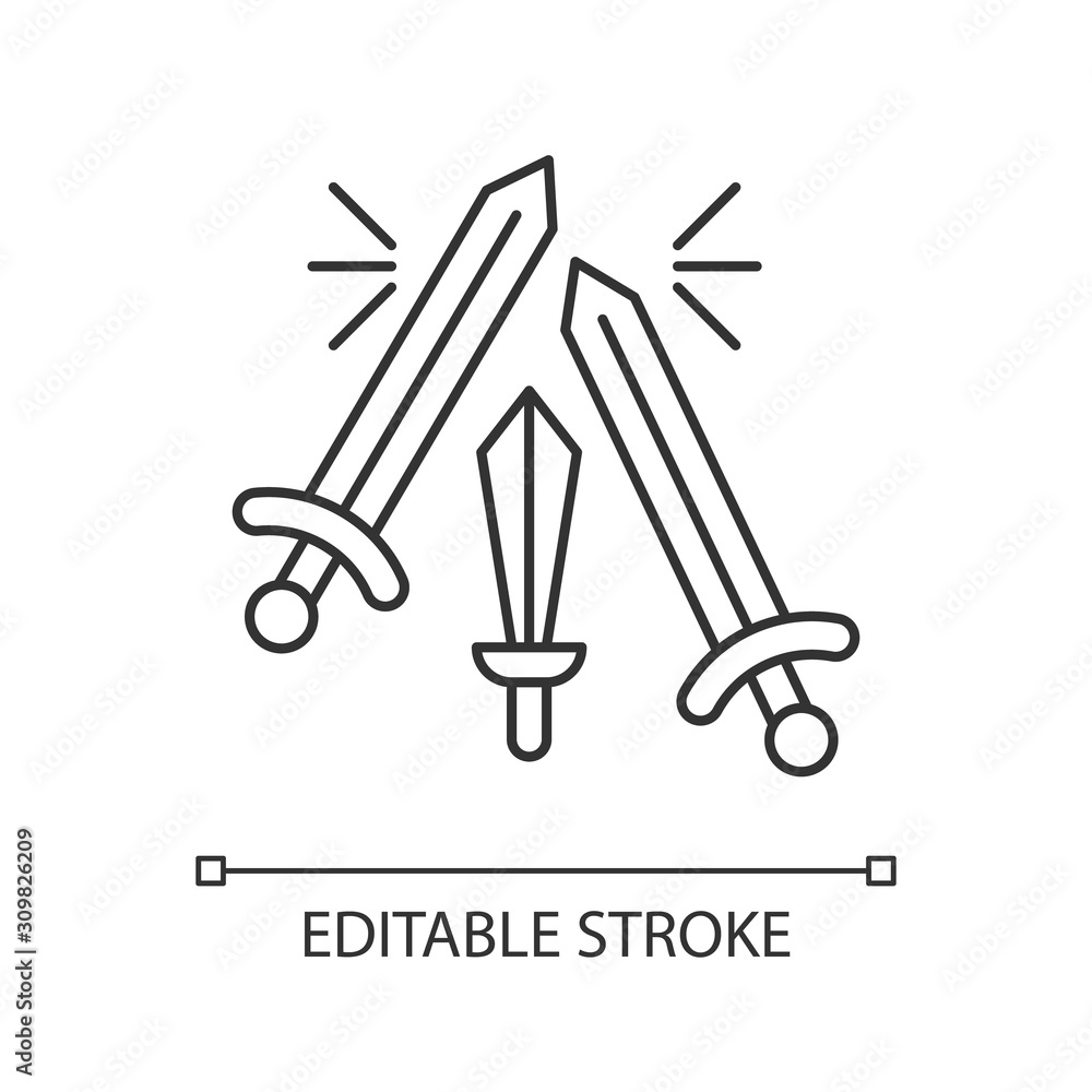 Sword fighting linear icon. Weapon clashing. Ancient history ...