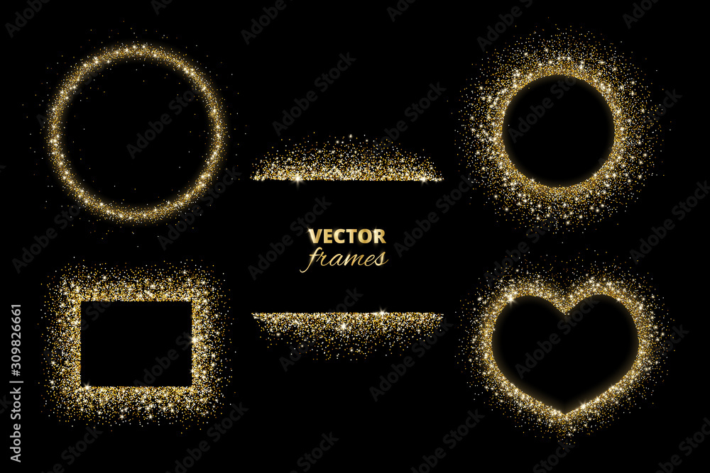 Sparkling glitter borders, frames. Vector gold decoration. Circle ...