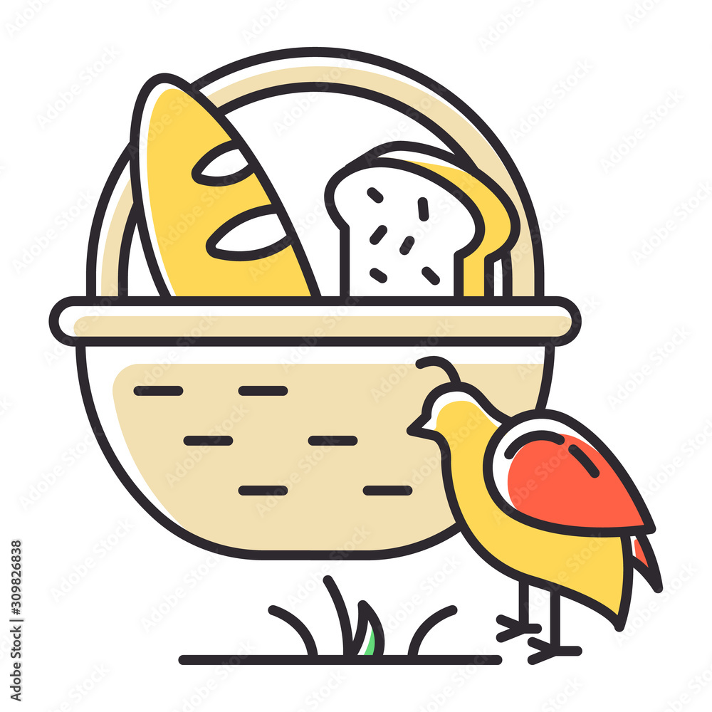 Manna and quail Bible story color icon. Bread loaves in basket and fowl ...