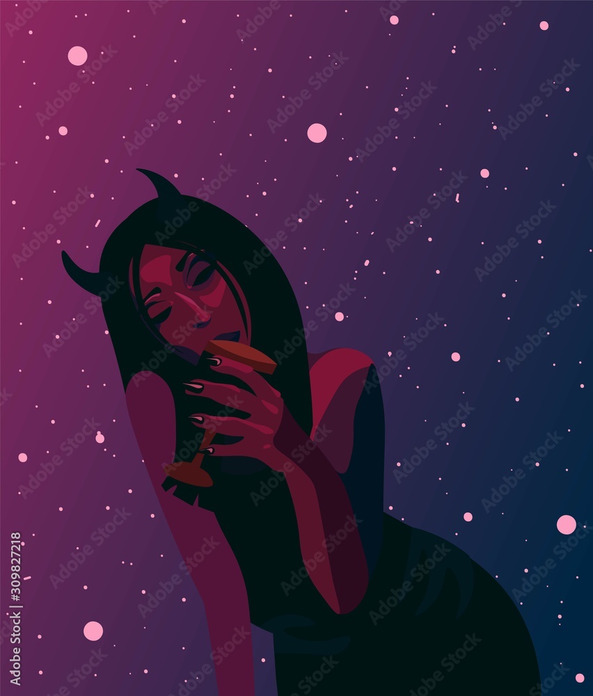 Vetor de Beautiful demon girl with red devil skin holding a glass of ...