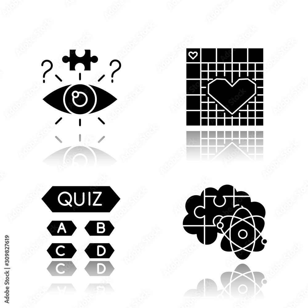 Puzzles And Riddles Drop Shadow Black Glyph Icons Set Trivia Quiz Nonogram Logic Games