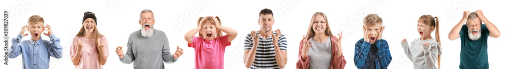 Collage with different angry people on white background Stock Photo ...