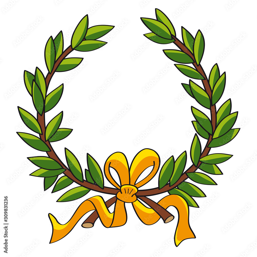 Lorbeer Ehrenkranz grün mit goldener Schleife von Hand gezeichnet Stock ...