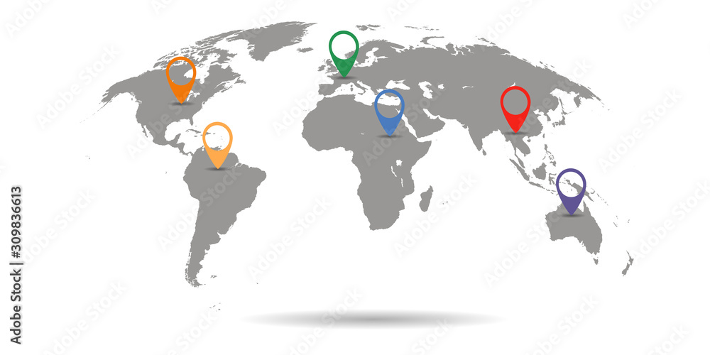 Vector world map with color pins. Grey color. 3d graphic background ...