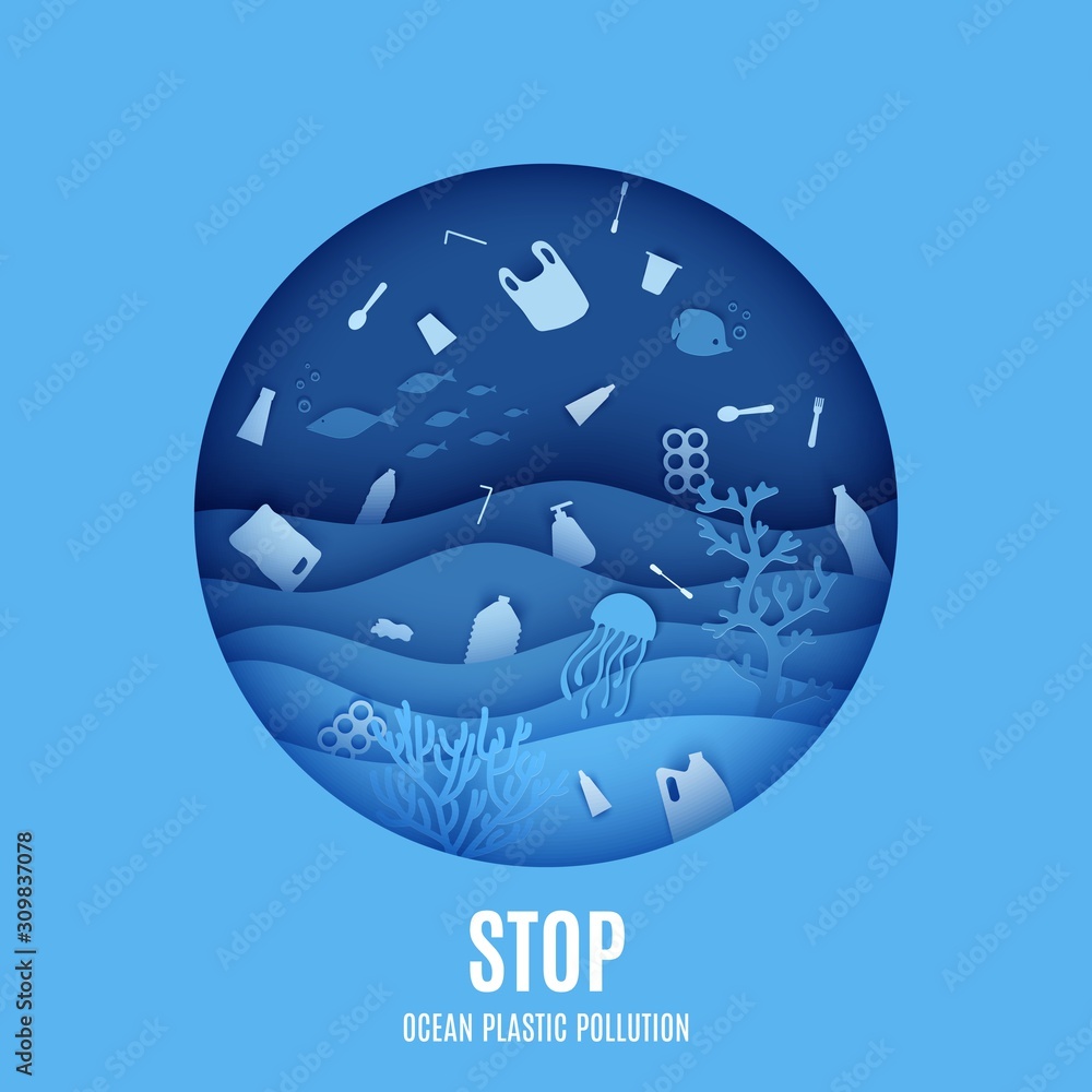World Ocean Day, stop ocean plastic pollution banner. View of the ...