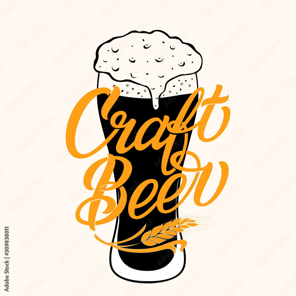 Vector craft beer typography on full glass with foam illustration ...