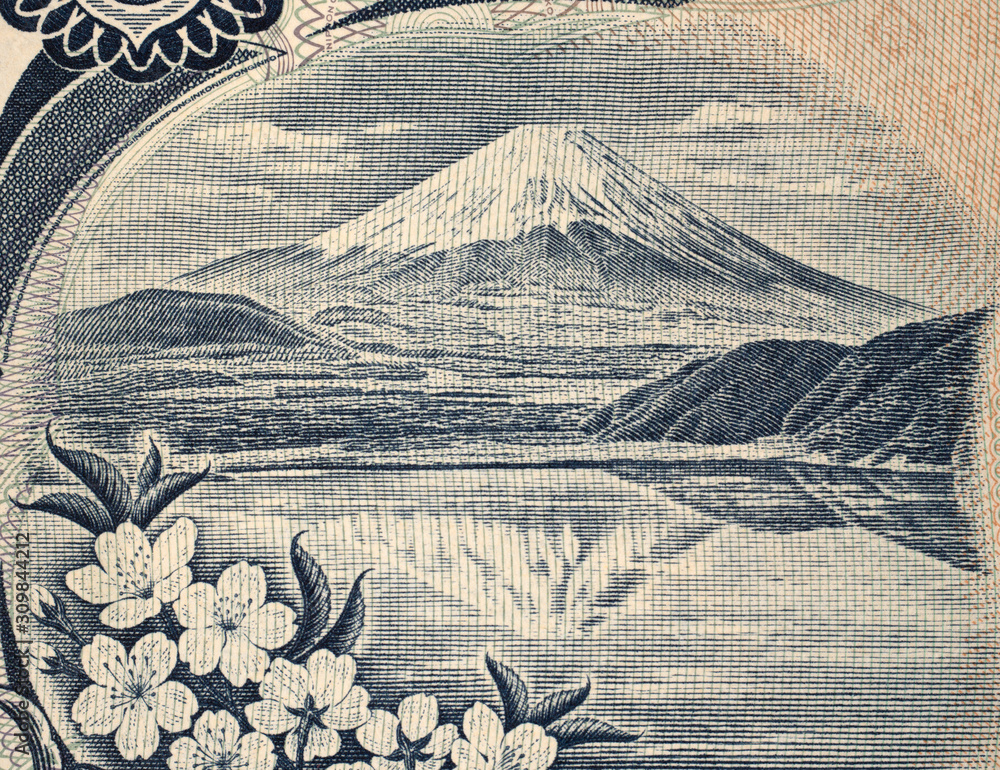 Mount Fuji, Lake Motosu and cherry blossoms on Japanese 1000 yen ...