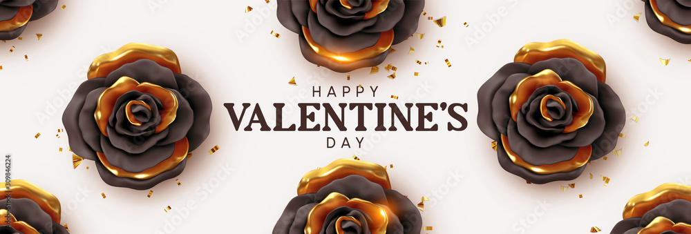 Happy Valentine's Day. Background with realistic 3d flower metal rose ...