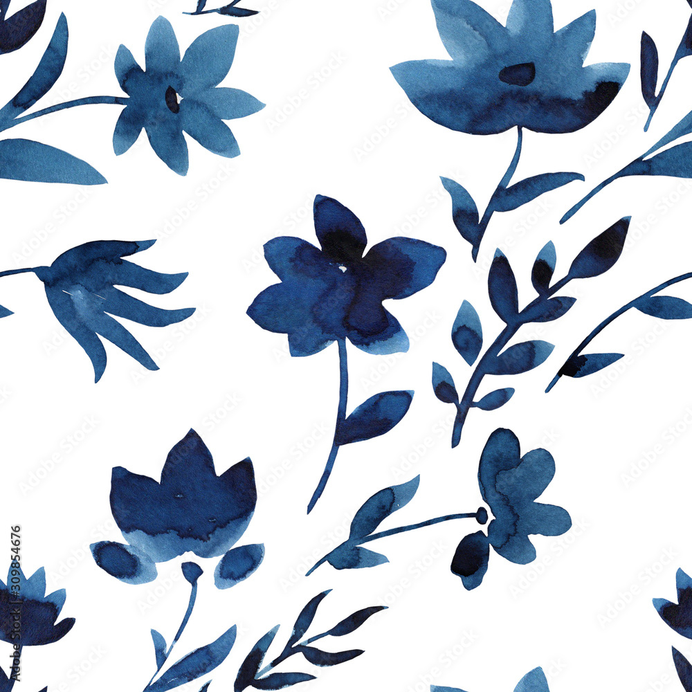 Watercolor flowers handmade in indigo. Blue flower seamless pattern ...