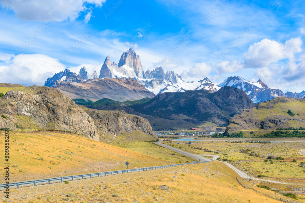 Beautiful view of Mount Fitz Roy massif (Cerro Fitz Roy) from Route 23 ...