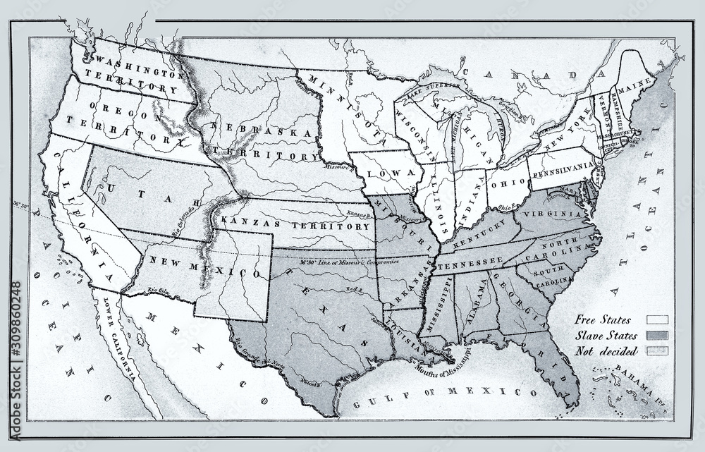 Poster Map of free, slave and undecided states 1857 – Wall Art | UkPosters