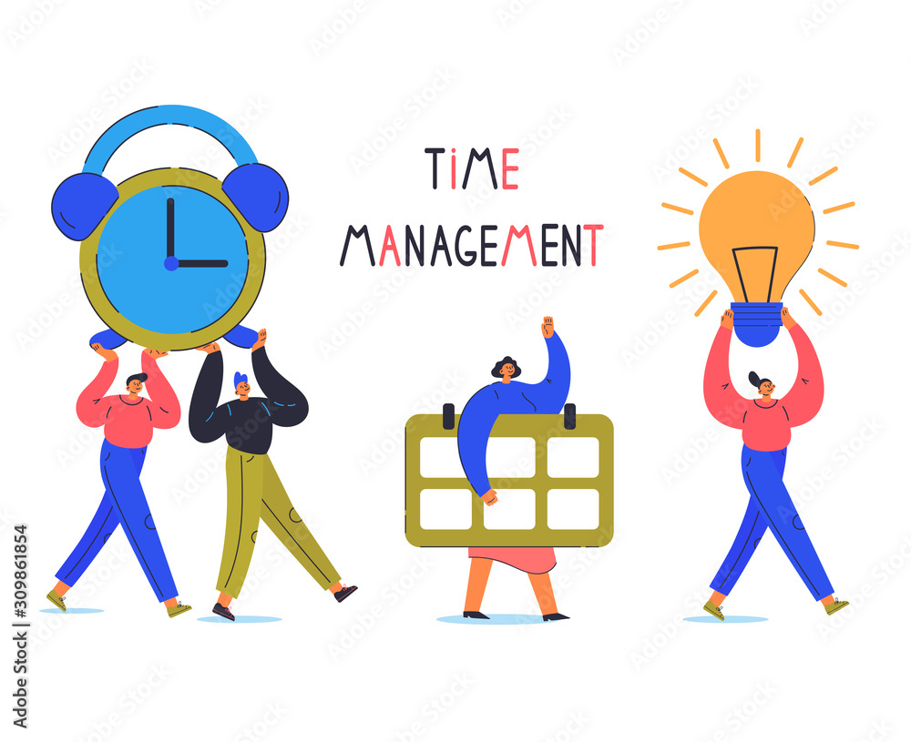 Time management concept.Tiny young man and woman carry big calendar ...