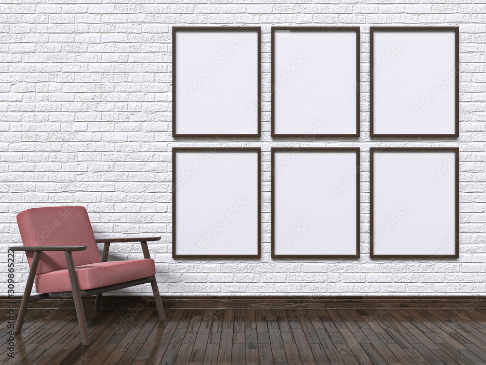 Mock up photo frames with armchair and wall 3D Stock Illustration ...