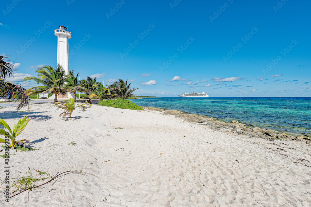 Beach in front of Mahahual Lighthouse, Costa Maya, Mexico Stock Photo ...