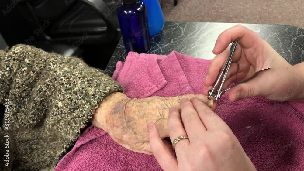 Clipping cutting fingernail of senior woman by young caregiver with ...