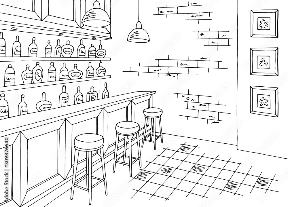 Bar interior graphic black white sketch illustration vector Stock ...