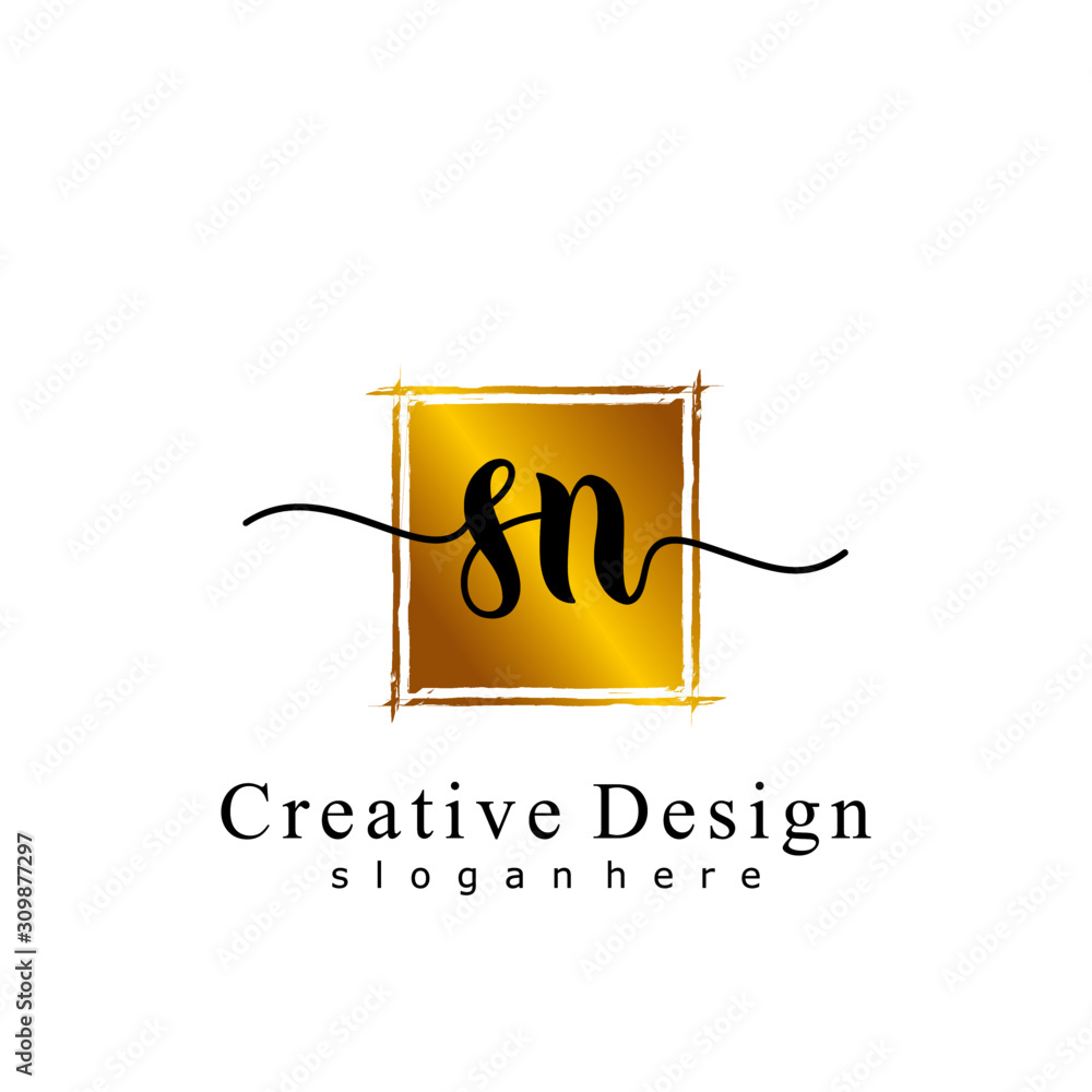 Initial letter SN handwriting with gold square hand drawn luxury ...