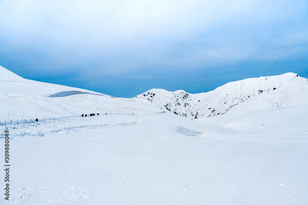 Snow mountains of Japan Alps. Tourists sightseeing and hiking around ...