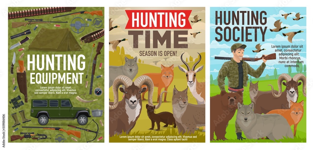 Hunting equipment, hunt wild animals and birds, safari and forest hunt ...