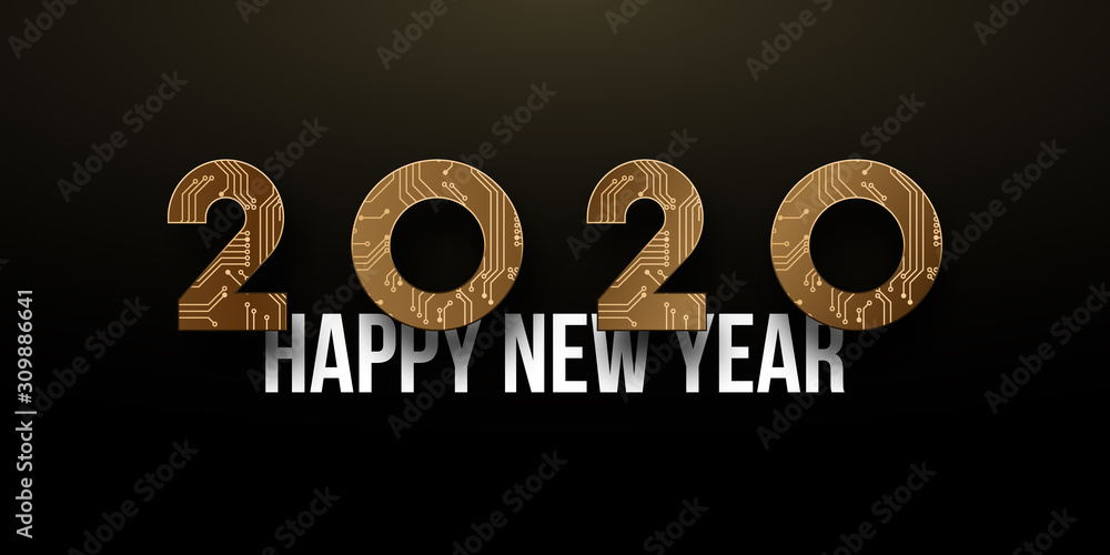 2020 New Year vector long banner. Modern design with circuit board ...