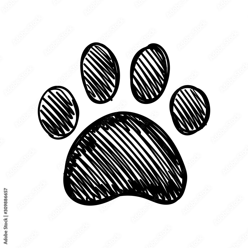 Dog paw doodle, hand drawn sketch. Pet footprint cute illustration ...