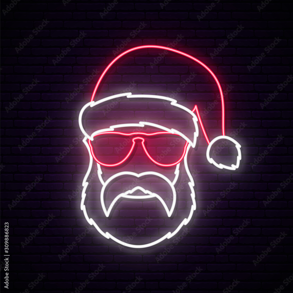 Santa Claus neon sign. Hipster man in Santa red hat. Christmas ...