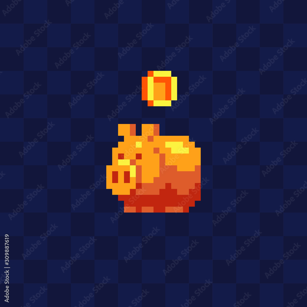 Piggy bank and coin icon. Golden money box. Pixel art style. 8-bit ...