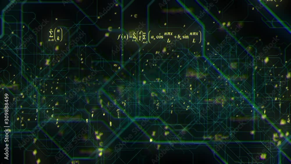 Mathematical background with flying symbols, functions and equations ...