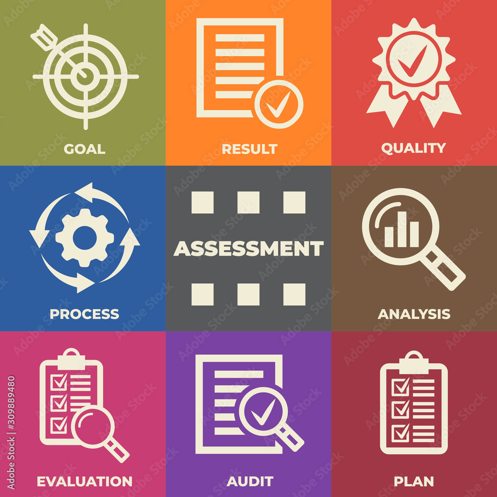 ASSESSMENT Concept with icons and signs Stock Vector | Adobe Stock