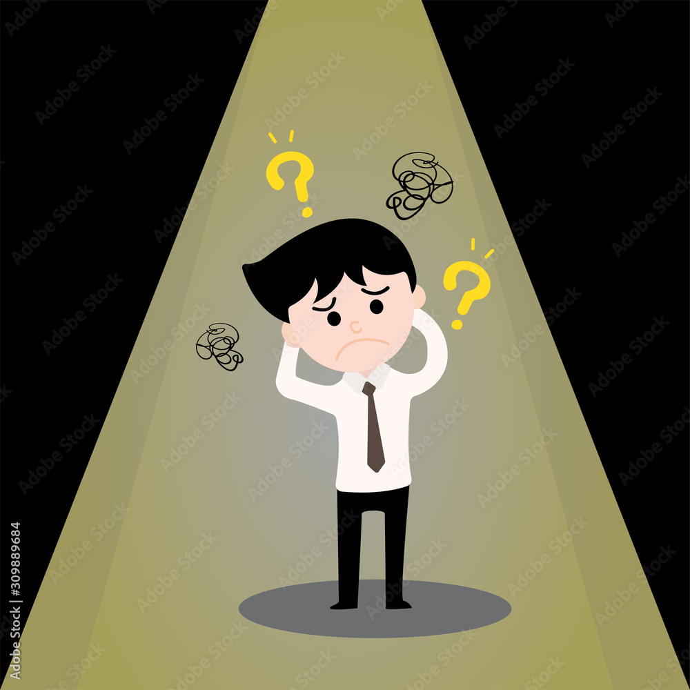 Businessman confused with the questionwith question marks above his ...