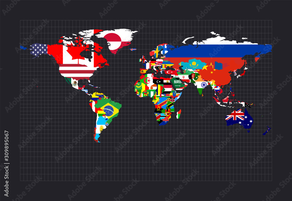 World map with flags. Cylindrical stereographic projection. Map of the ...