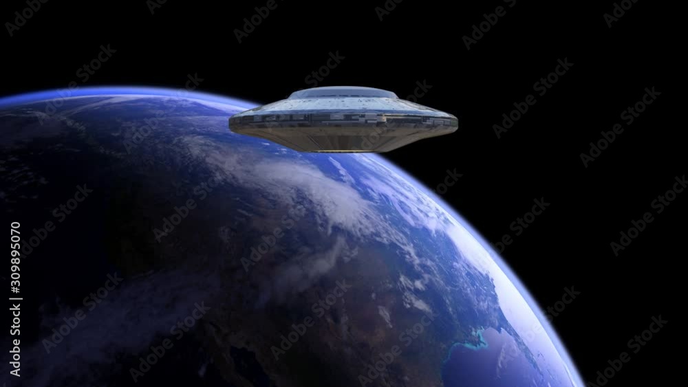 UFO, rotating alien spaceship with extraterrestrial visitors, flying in ...