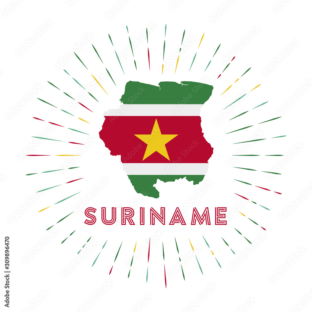 Suriname sunburst badge. The country sign with map of Suriname with ...