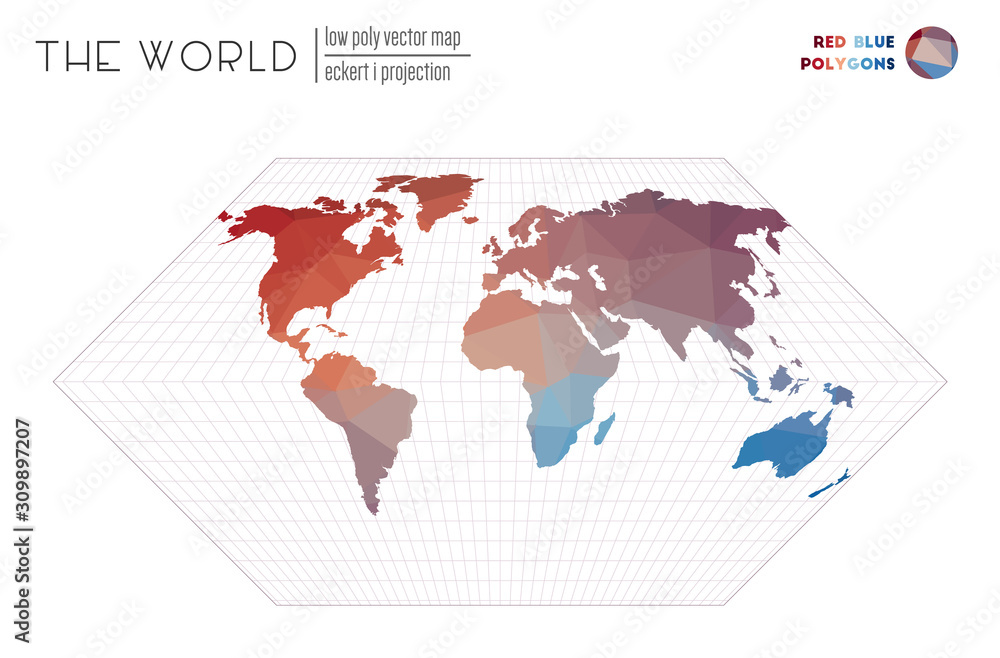 Low Poly World Map Eckert I Projection Of The World Red Blue Colored Polygons Neat Vector